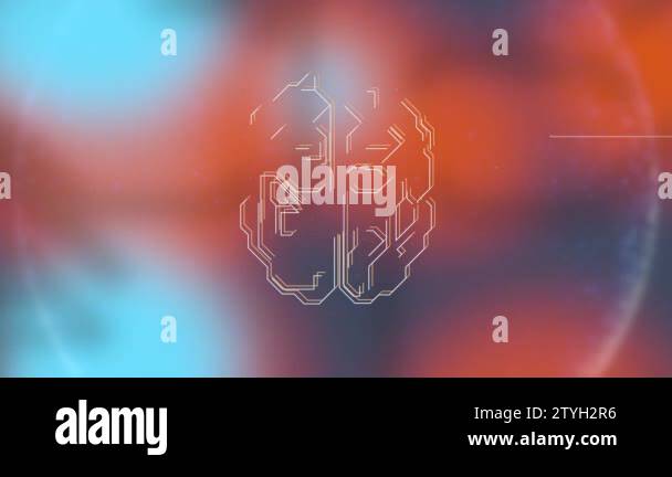 Animated 3d model of human brain over blue-red background and pulsing electrical brainwaves ...