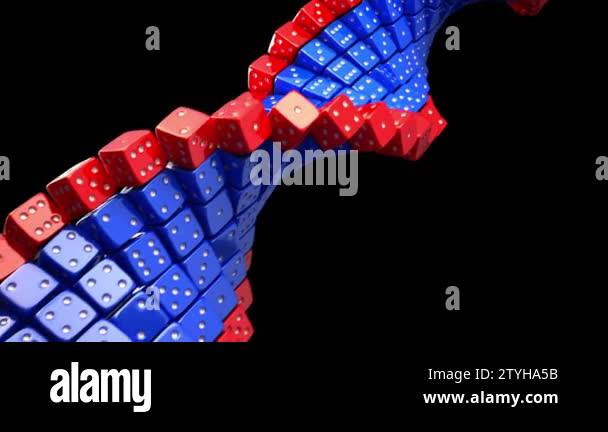 Fantasy DNA spiral made of game dices on black background. Virus change ...