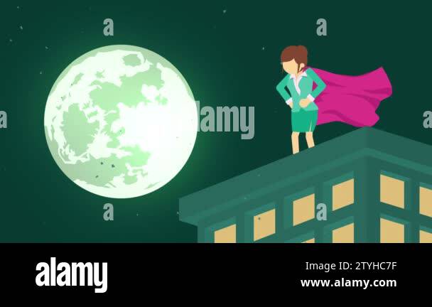 Superhero in moonlight city. Standing over skyscraper. Business woman ...