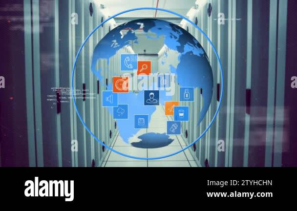 Digitally generated globe rotating while digital application icons moves and expands. Background ...