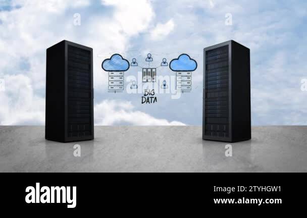 Digital animation of two CPUs splits to show information of cloud ...