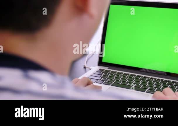 Over the shoulder shot of Asian boy looking at green screen. Office ...