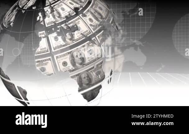 Digitally generated animation of globe rotating with dollar bills on the surface while gray ...
