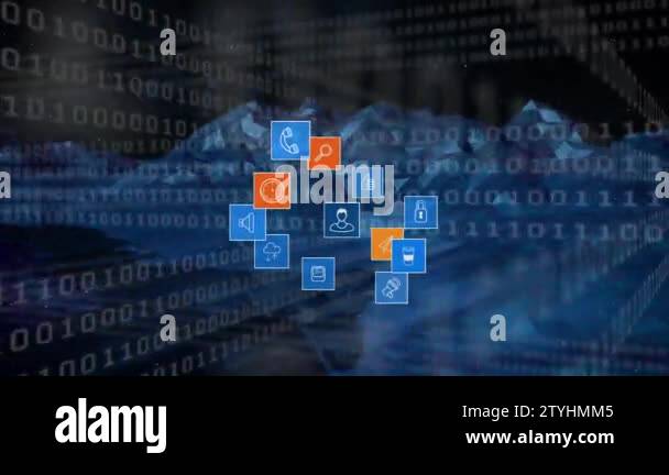 Digitally generated digital app icons forming a sphere and binary codes moving across the screen ...