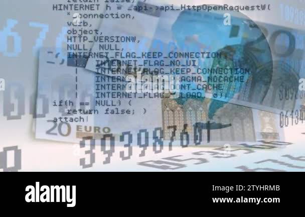 Close up of Euro bills with program codes and account numbers moving in ...
