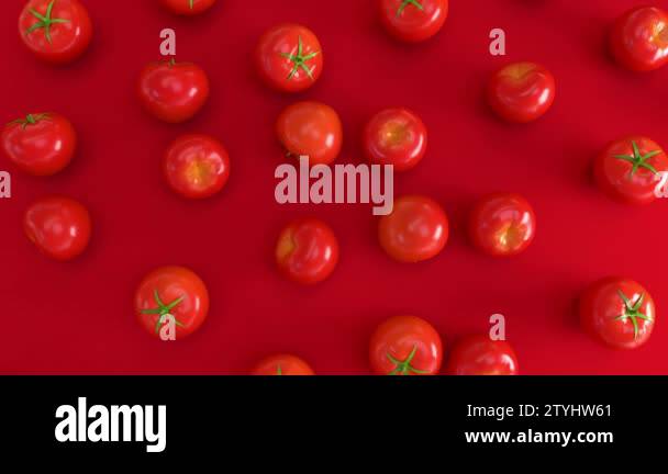 Abstract red fresh tomatoes rolling on red surface. 3D vegetables food ...