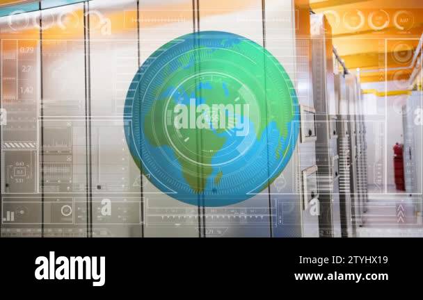 Digital animation of a digital earth rotating against a server room ...