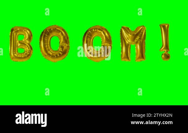 Word boom from helium gold balloon letters floating on green screen ...