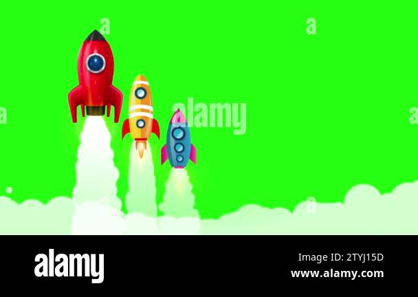 3 Rockets launch in different style , ships with smoke on green screen ...