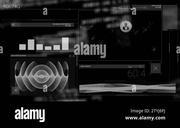 Animation of digital computer interface screens scanning, charts statistics and data processing ...