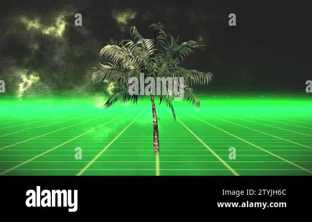 Animation of flickering palm tree over glowing green grid moving in ...