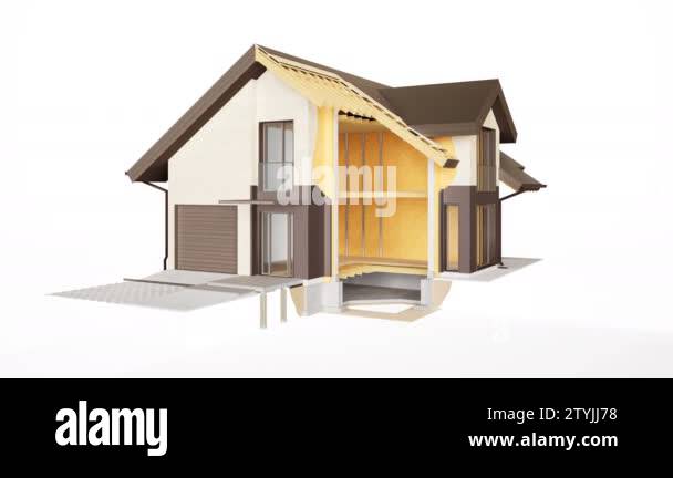 Technical cutaway of house, visible construction of walls, roof and ...