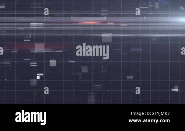 Animation of white horizontal lines and multi colored vertical lines flickering, white squares ...