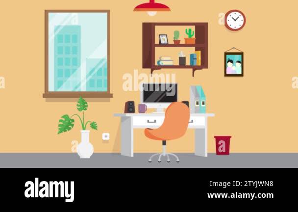 animated 2d footage of home office with modern workplace Stock Video ...