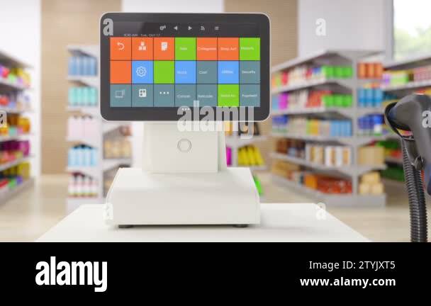 Cashier machine with digital screen in the Supermarket with TV and sofa ...