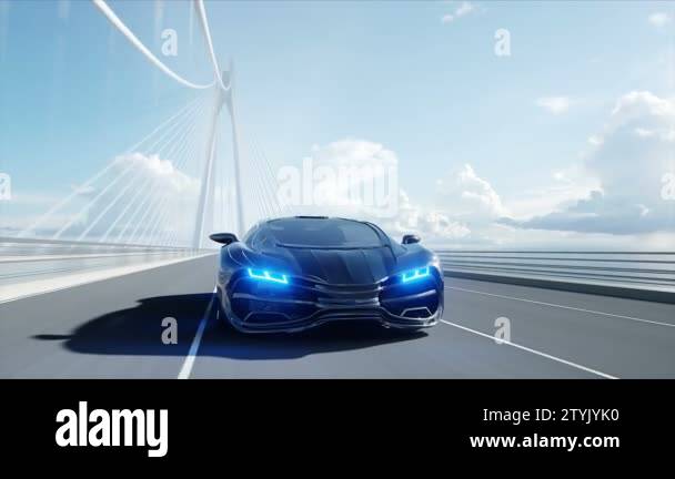 3d model of black futuristic car on the bridge. Very fast driving ...