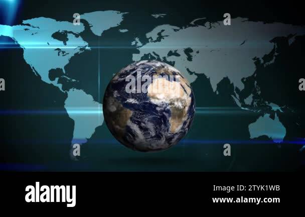 Digital animation of an earth globe rotating on an earth map with data ...