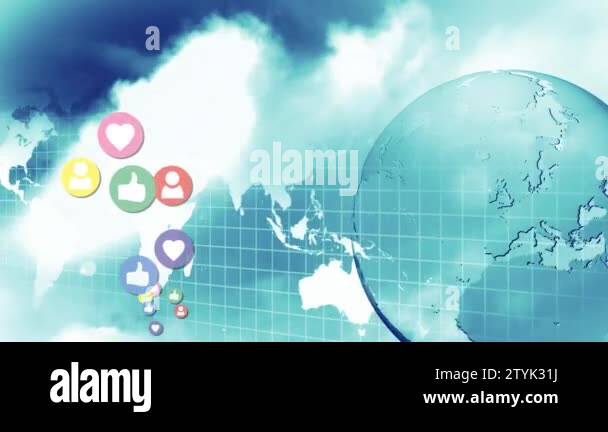 Digitally generated animation of social media icons moving up in the screen with world map ...