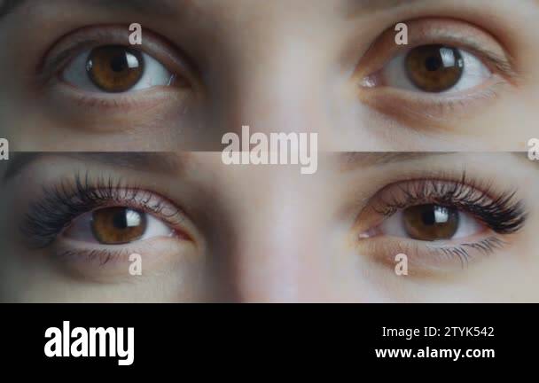 Eyelash Extension. Comparison of female eyes before and after. split ...
