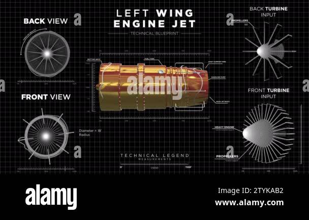 Display HUD of left wing jet engine with blueprints on black wireframe ...
