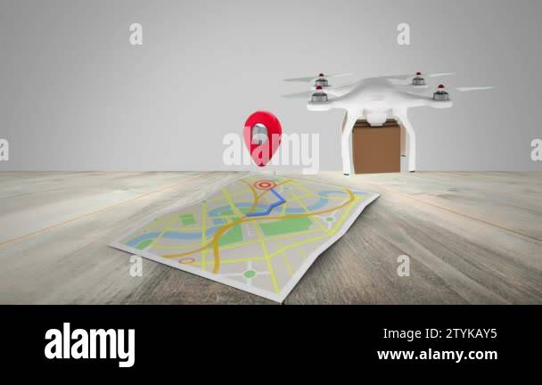 Digital animation of a drown carrying a package flying towards a map ...