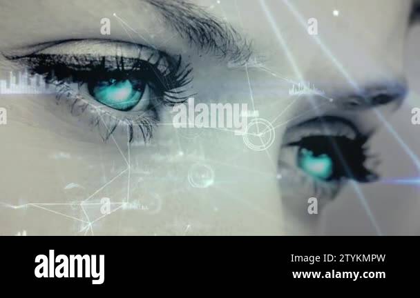 Focused view of blinking woman eyes looking at the screen with rotating ...