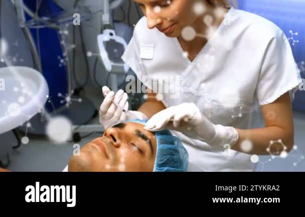 Animation of white molecules floating around with female nurse ...