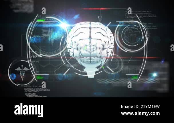Animation of 3d human brain with scope scanning and rotating over data processing on glowing ...