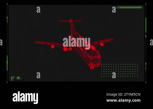 Animation of 3d technical drawing of model of aeroplane in red outline ...