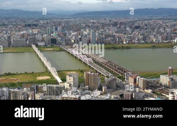 OSAKA, JAPAN - OCTOBER 15, 2019: The view of megapolis and Yodo River ...