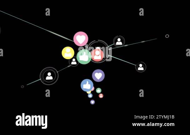 Digitally generated animation of social media icons moving up the screen and background shows ...