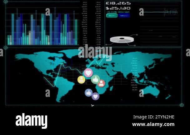 Digital animation of social media icons moving upwards with background of the world map, bar ...
