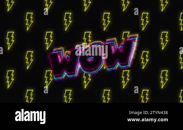 Animation of vintage video game screen with the word Wow overlapping in magenta, cyan, yellow ...