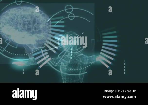 Animation of 3d human brain and human model rotating in seamless loop with scope scanning over ...