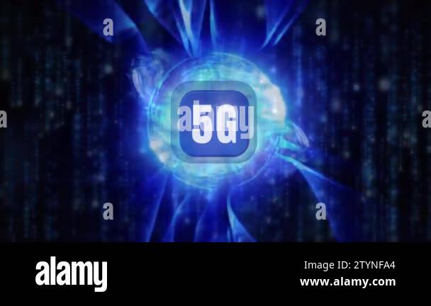 Digital animation of 5g logo button surrounded by blue light circle ...