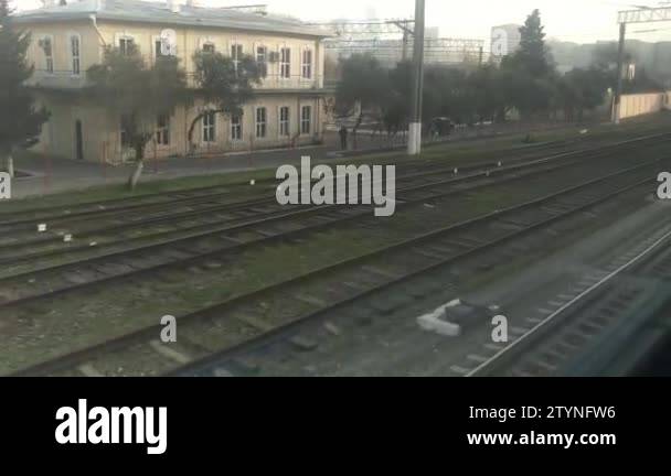 Railway liner close-up from a window of a passenger train. Railway ...