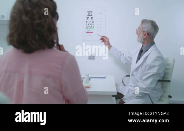 Male ophthalmologist checking patient's vision, showing chart, eye ...