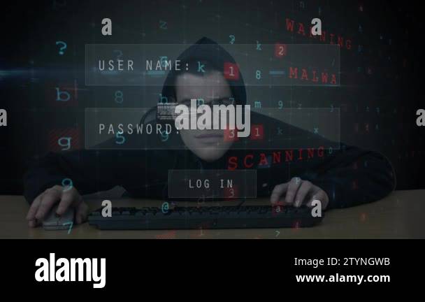 Digital composite of Caucasian Hacker with black hood trying to log in ...