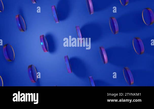 3D computer rendering of crystal glass round objects rotating on blue ...