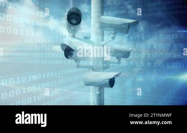 Digitally generated animation of surveillance cameras and binary codes moving in the screen with ...