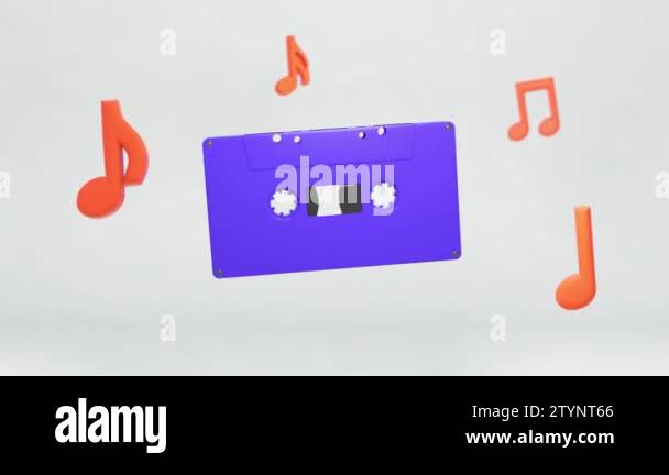 3D animation - Blue retro cassette and orange music notes floating on ...