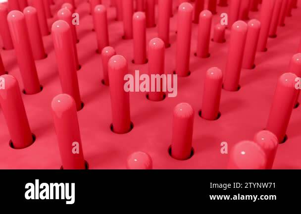 3D shapes cylinder flying intro holes in red pastel colors. 4k seamless ...