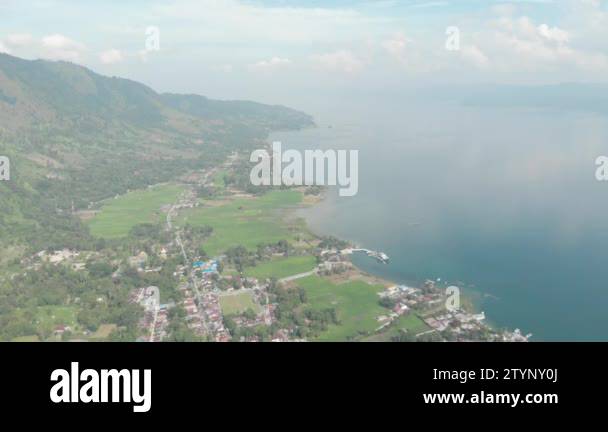 Aerial: lake Toba and Samosir Island from above Sumatra Indonesia. Huge ...