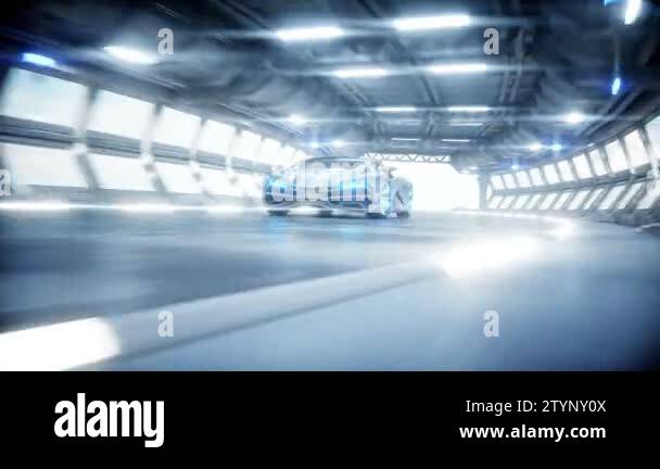 futuristic car fast driving in sci fi tunnel, coridor. Concept of ...