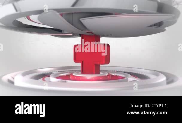 Red medical cross 3D sign at moving mechanical showcase, robotic showcase 4k advertising ...