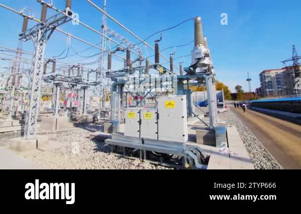 transformer operates at electrical transmission substation Stock Video ...