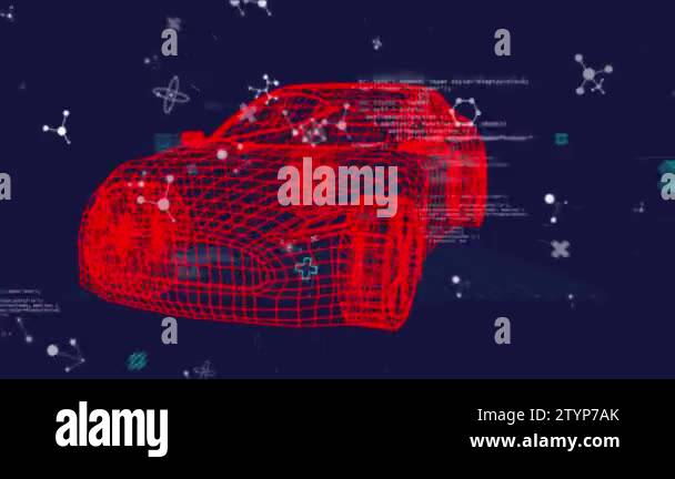 Animation of 3d red car technical drawing spinning with data processing ...