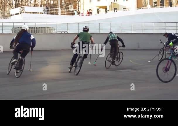 March 17, 2019. Ukraine, Kiev. Bike polo game. group of people team on ...