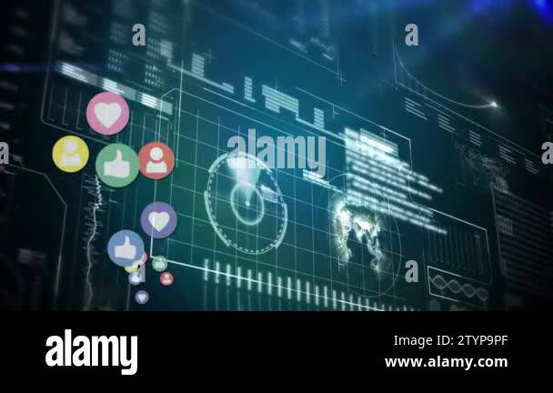 Digitally generated animation of social media icons moving upwards on ...