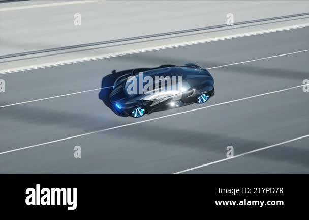 3d model of black futuristic car on the bridge. Very fast driving ...